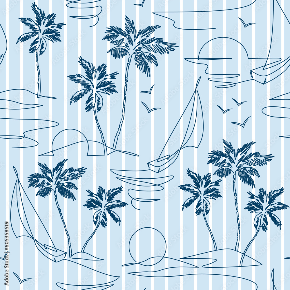 One line drawing tropical oasis island seamless pattern. Stock Vector ...
