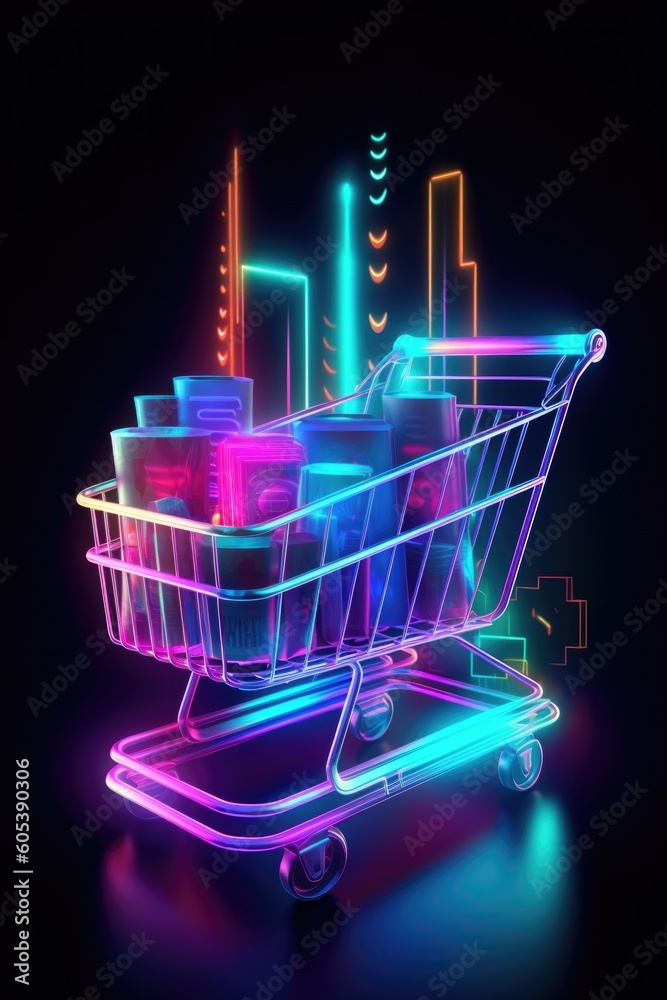 Neon colored futuristic shopping food comercial concept. Cyberwave ...