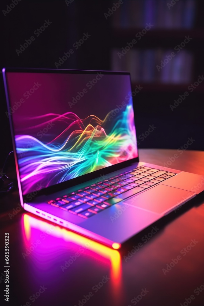 Neon colored futuristic working or gaming room full of colors. Lap top ...