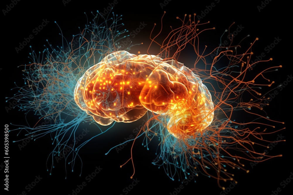 Human brain as neurons transmit impulses. Artificial intelligence, AI ...