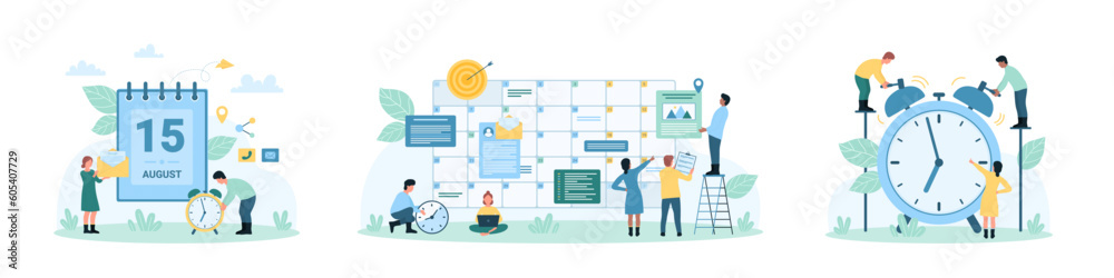 Time management set vector illustration. Cartoon tiny people work with ...