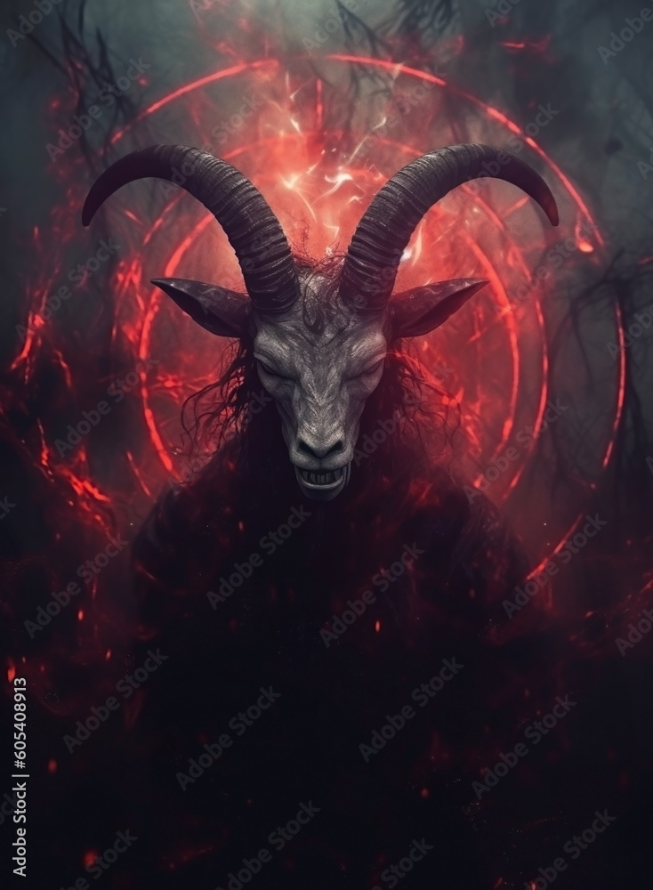 Zodiac sign Capricorn in the dark forest with fire. Baphomet demon goat ...