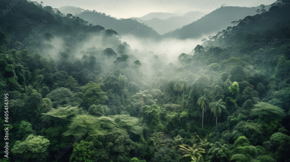 Misty jungle rainforest from above in the morning. Tropical forest with ...