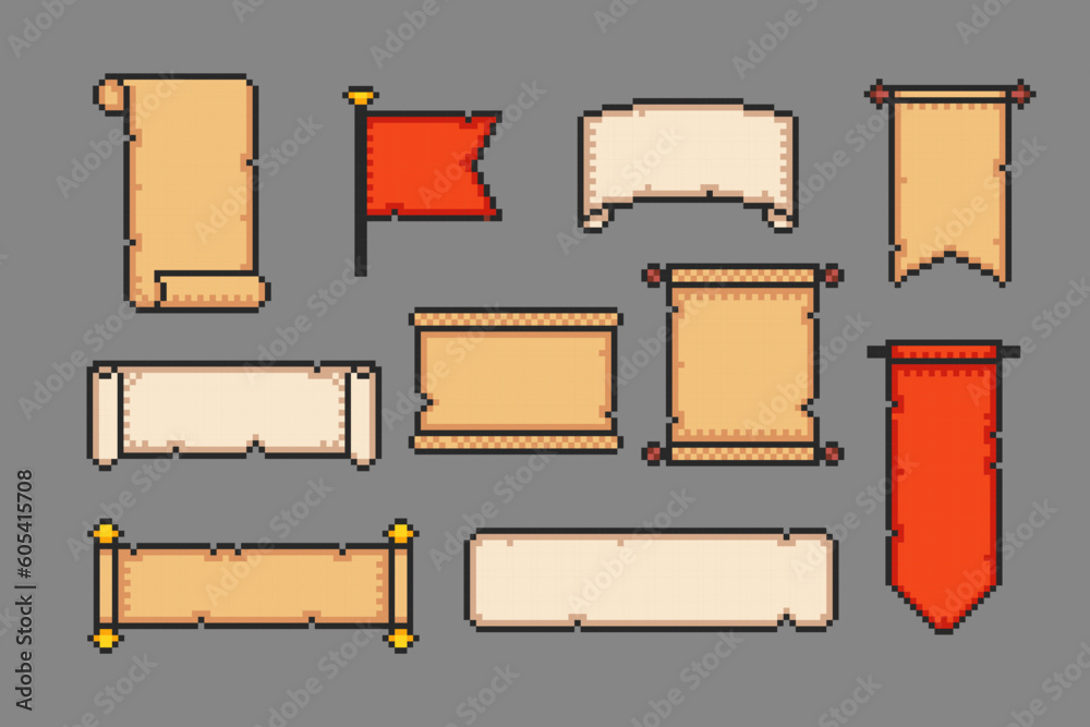 Papyrus scroll collection 8 bit sprite. Pixel vintage scrolls ribbons ...