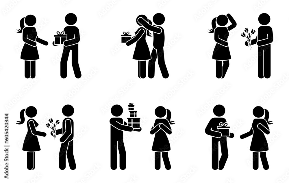 Stick figure man and woman giving presents vector illustration set ...