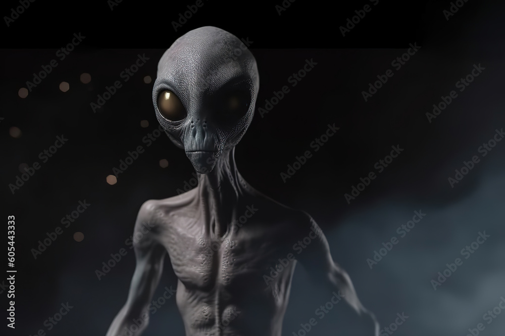 Scary gray alien walks and looks blinking on a dark smoky background ...