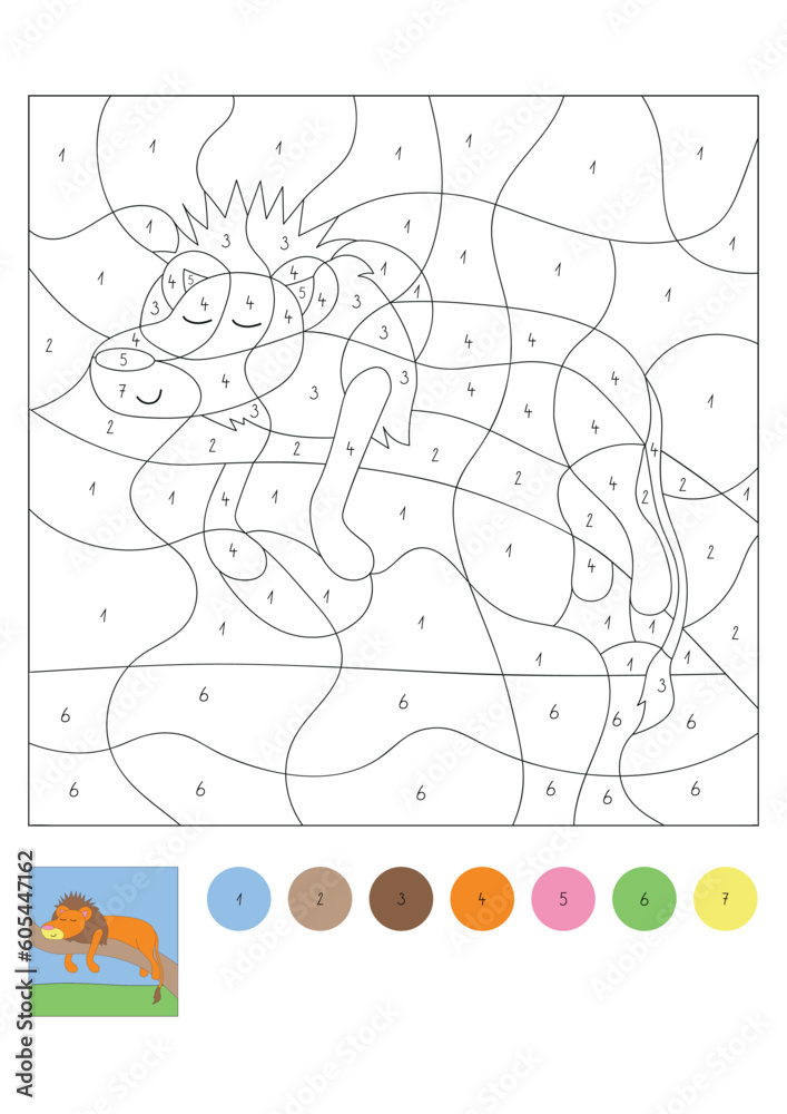 Number coloring page for preschool children with cute cartoon lion ...
