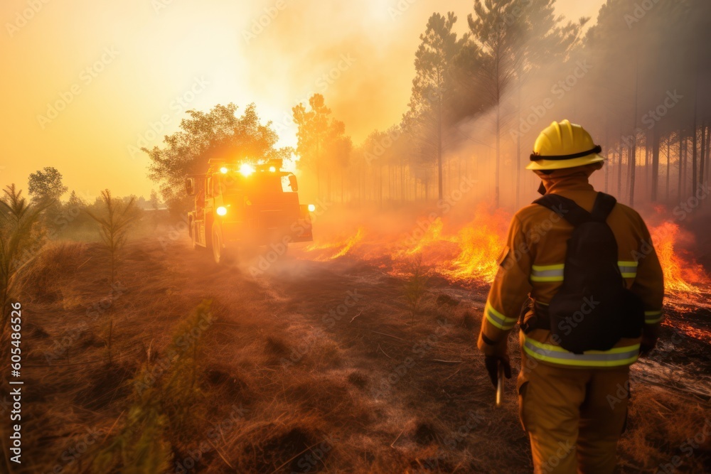dramatic forest fire cause by hot weather. Firefighters battling ...