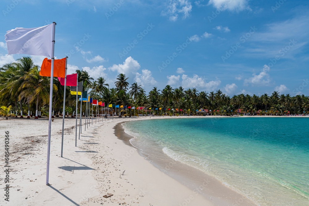 White sand beach with many flags, Bangaram island, Lakshadweep ...