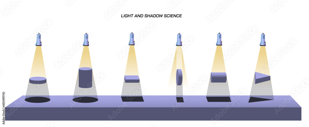 Light and shadow science. Different objects and their shadows against ...