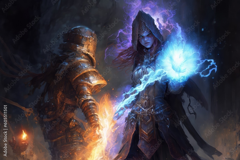 Sorcerer magic battle casting spell against demon. distinct generative ...