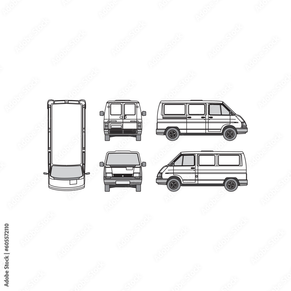 outline of van, year 1998, isolated white background, front, back, top ...