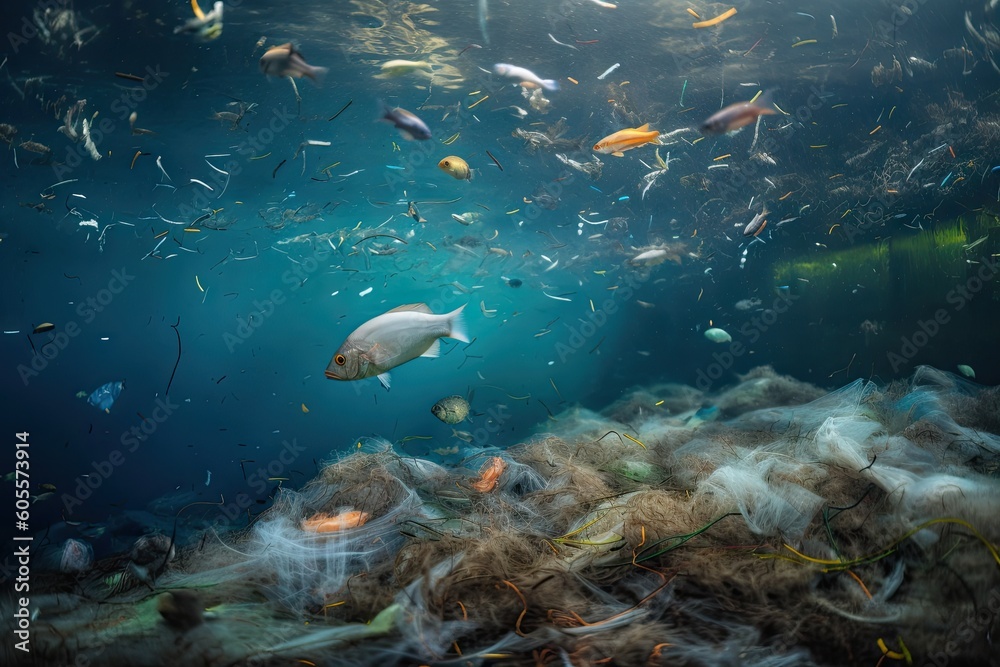 microplastic pollution in the oceans, with fish swimming among plastic ...