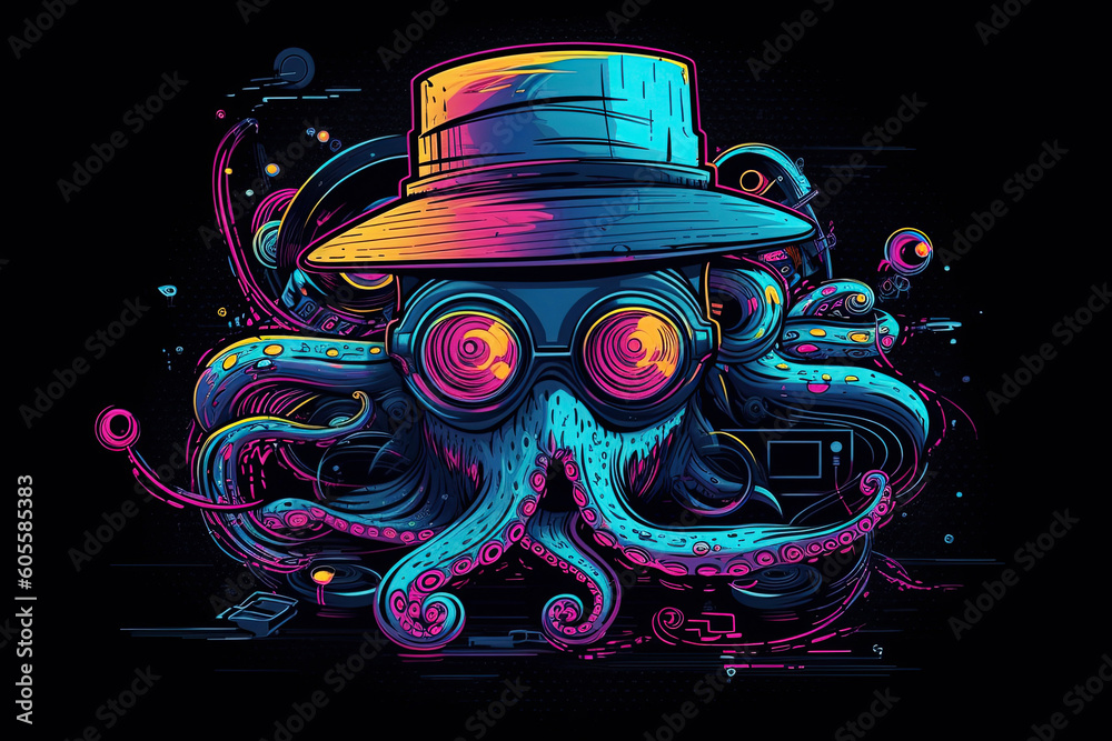 Octopus DJ with a vinyl disc and a player in neon color. An ...