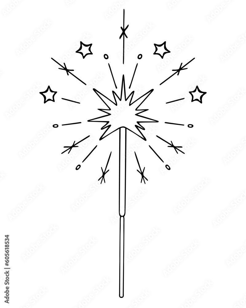 Burning sparkler. From a lit fire, sparks scatter in the form of stars ...