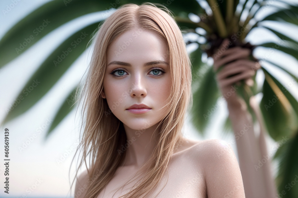 Beautiful woman with bare breast in the tropics under the palm trees ...