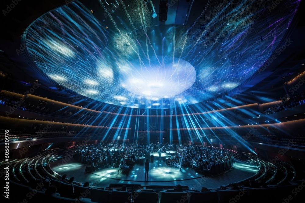 concert hall with rotating light show and dance party atmosphere ...