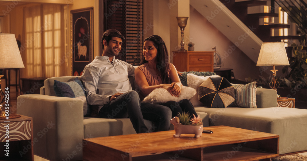 Movie Night: Young Couple Relaxing on the Couch, watching Exciting ...