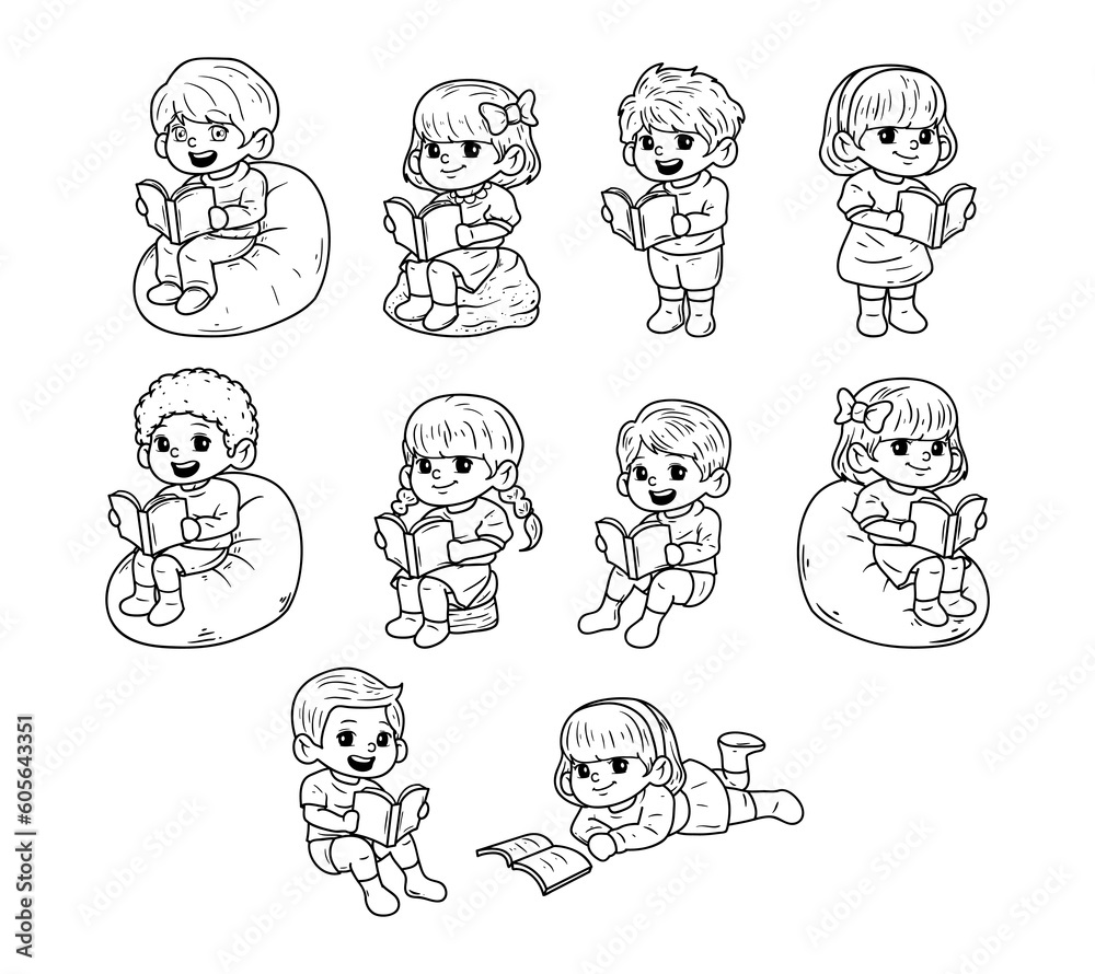 Set of kids character with a reading book hand-drawn outline sketch ...