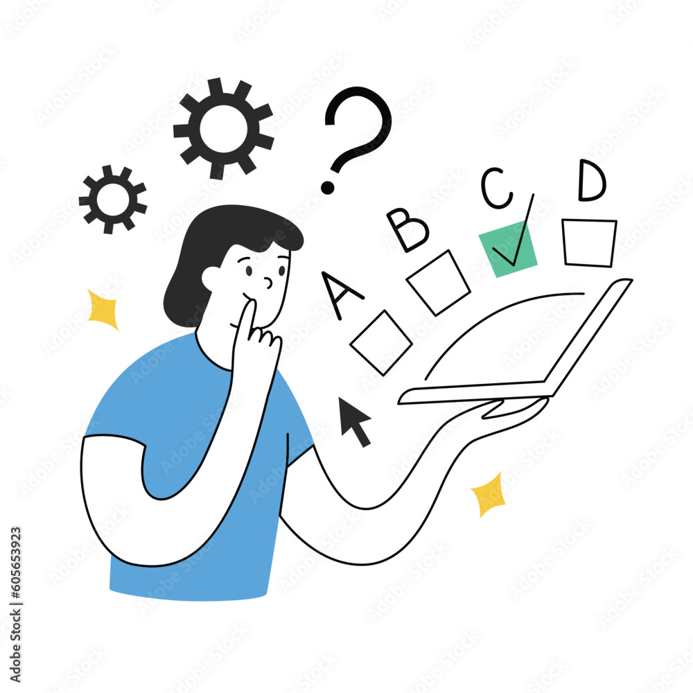 Person passing online test on laptop, hand drawn scene with quiz ...