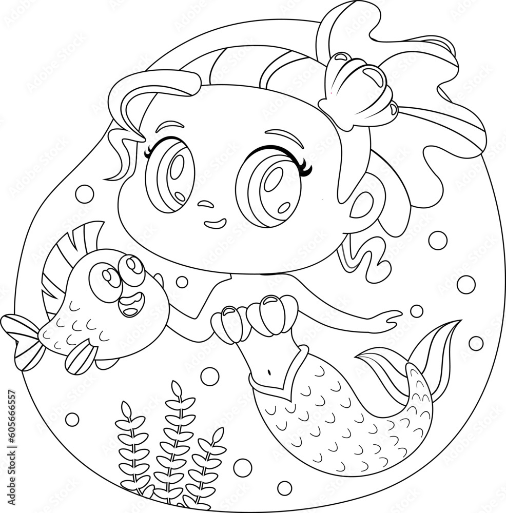 Outlined Cute Little Mermaid Girl Cartoon Character Swims Underwater With Fish. Vector Hand ...
