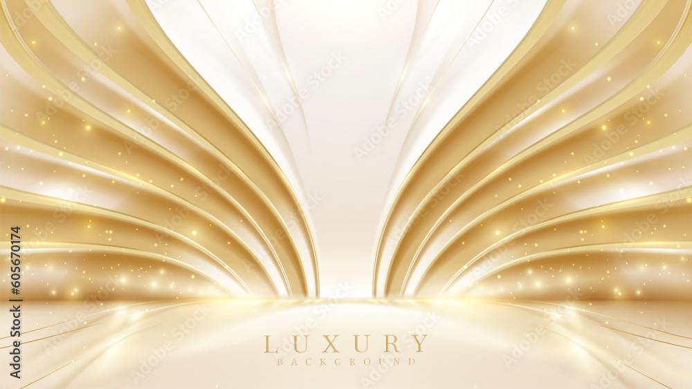 Cream stage backdrop with golden curves and glittering light effects ...