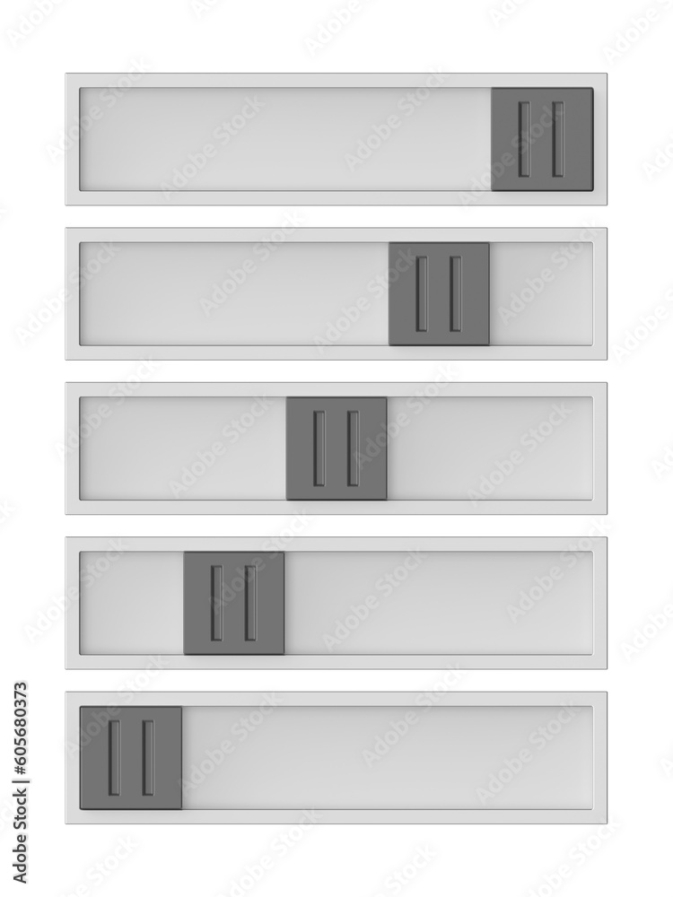 Five plastic slider toggle switch interface buttons on transparent ...