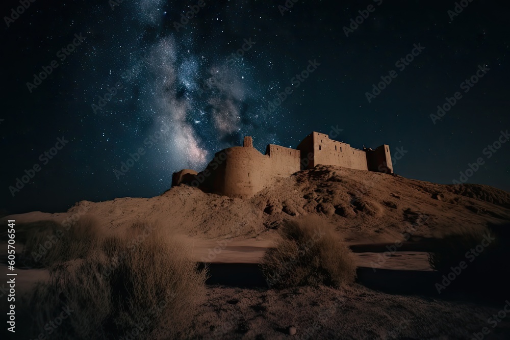night sky above historic desert fort, with stars shining bright and ...