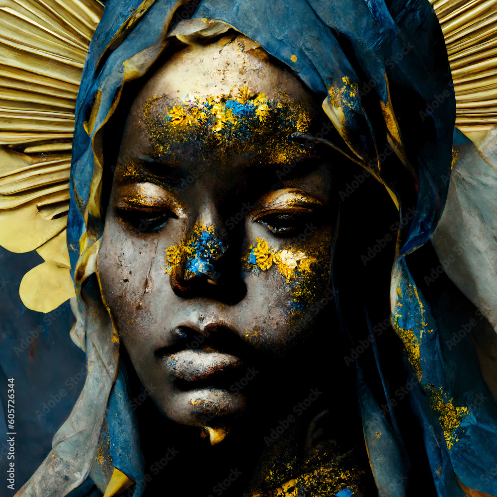 Sad Woman Praying for Peace Greeting Card Illustration, blue gold color ...