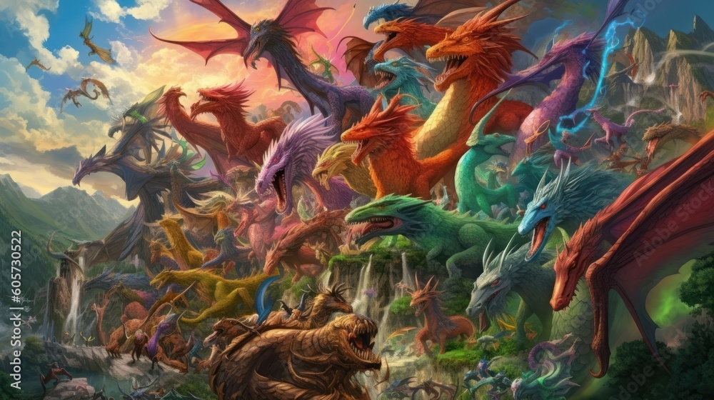 Artwork showcasing a diverse array of legendary creatures from folklore ...