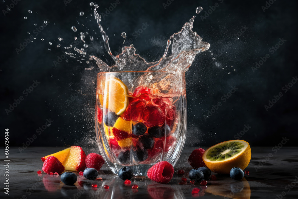 Refreshment fruit cocktail with orange, lemon, raspberry, blueberry and ...