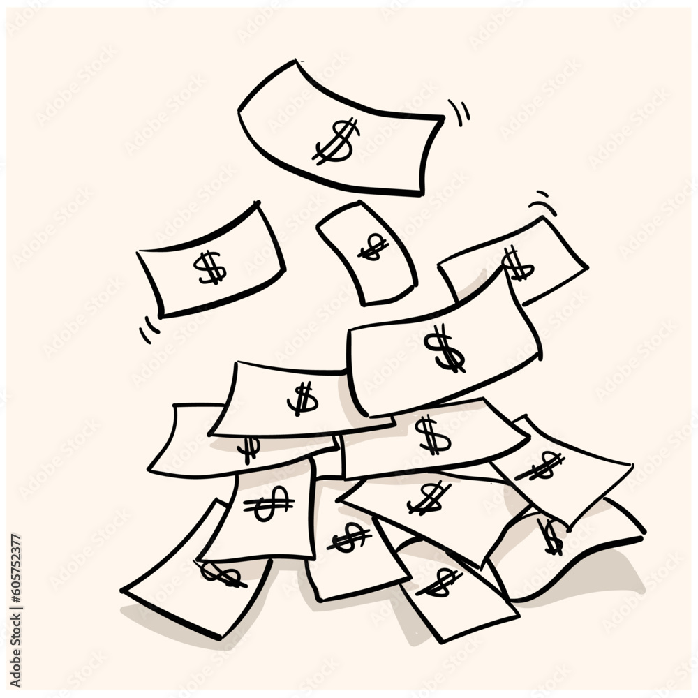 Dollar Bill Money Falling Down One by One to the Ground, a hand drawn ...