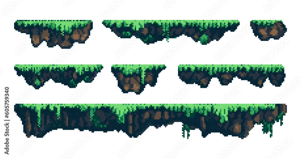 pixel art game grass platforms. pixelated game islands. Land and game props. Retro 8-bit sprite ...