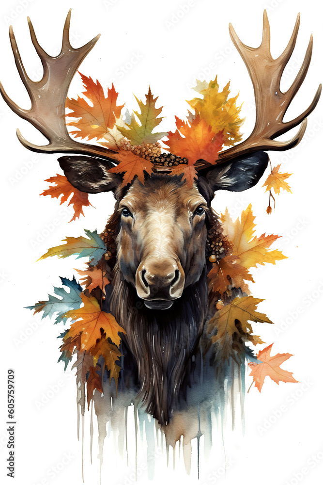 A painting of a moose with leaves on its head. Generative AI. Tribal ...