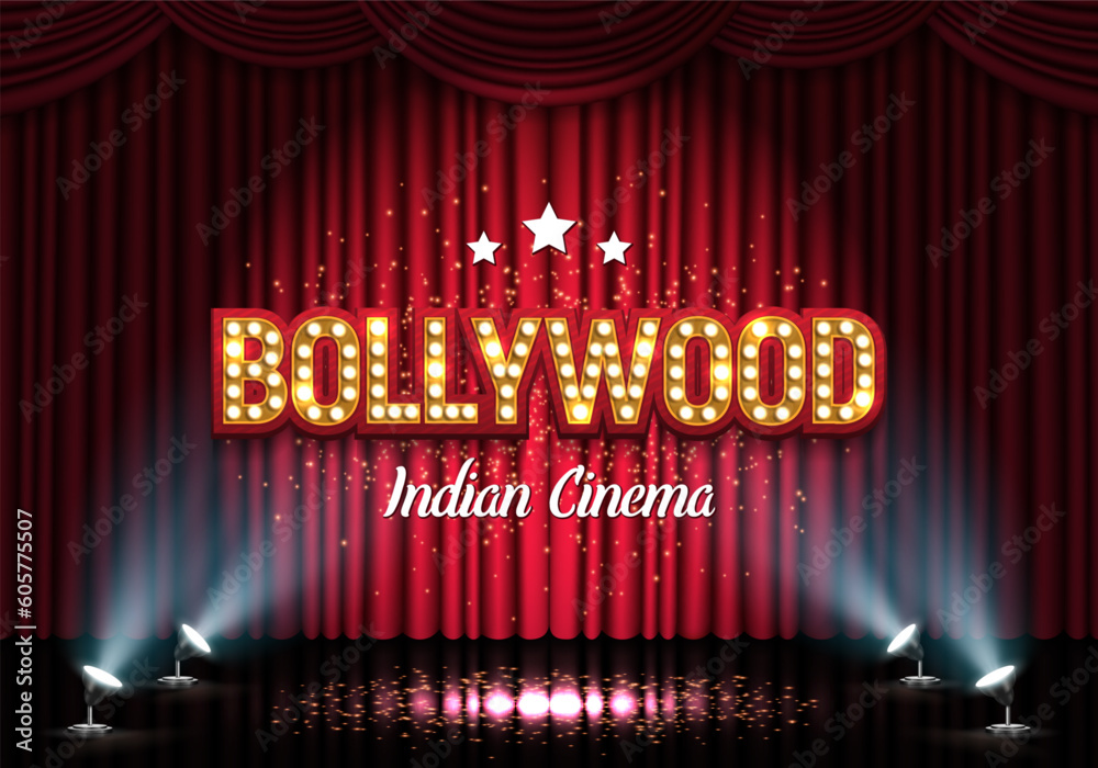 Bollywood indian cinema. Movie banner or poster on red curtain ...