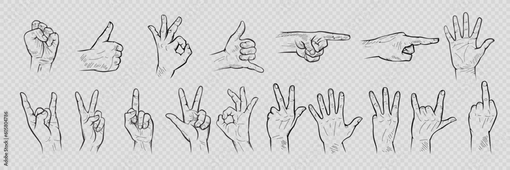 Vector hand gesture set. Pencil drawn signs sketch illustration ...