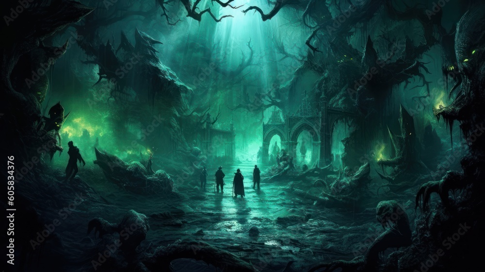 Dark and eerie scene depicting an underworld realm, where ethereal ...