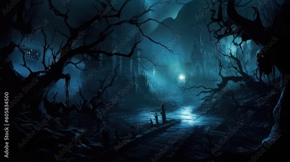 Dark and eerie scene depicting an underworld realm, where ethereal ...
