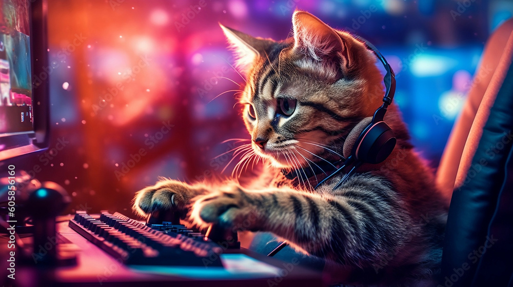 Ilustración de Stock A gamer cat with headphones, inside his gamer setup plays video games on a ...