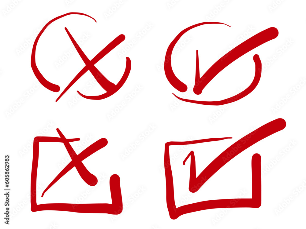Doodle check mark and cross mark icon set. Tick symbol. checklist signs ...