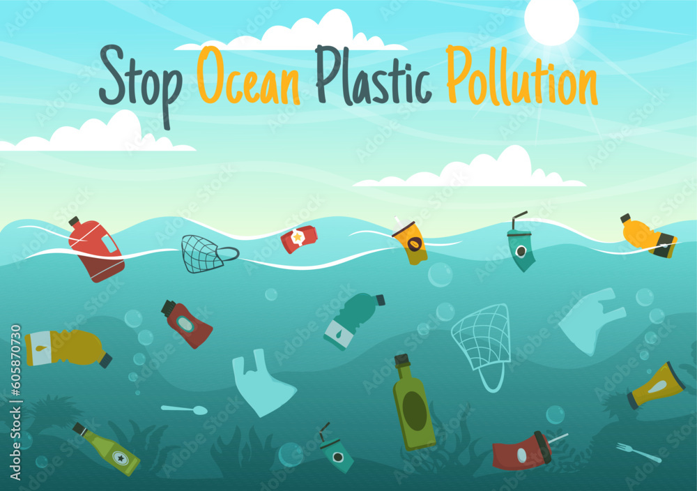 Stop Ocean Plastic Pollution Vector Illustration with Trash Under the ...