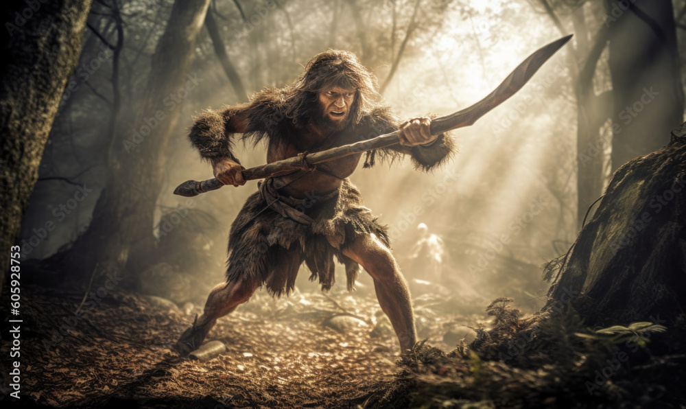 Neanderthal, an archaic human, hunting in a dense, prehistoric mystic ...