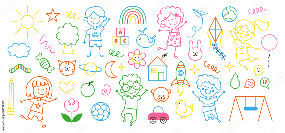 Colorful big of set Children cartoon icon doodle style. Collection ...