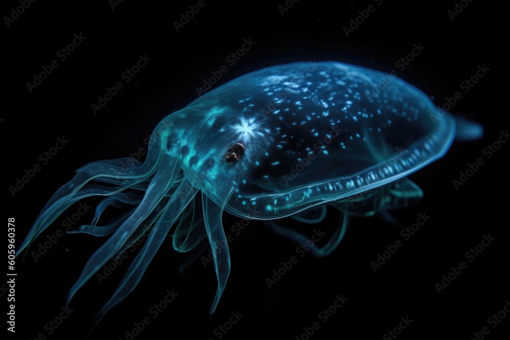 deep-sea creature hiding in the darkness, its bioluminescent skin visible only when threatened ...