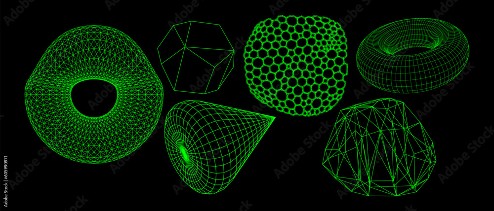 Geometry wireframe shapes and grids. Abstract, cyberpunk, 3D elements, backgrounds, patterns in ...
