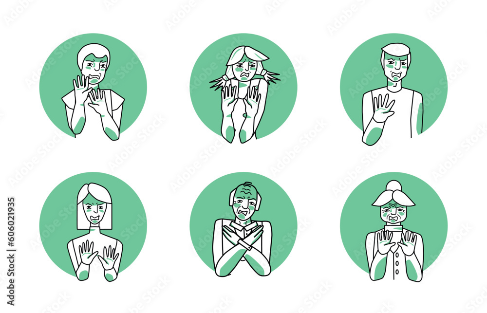 Emotion of disgust, people set circle icons. Disgusted boy and girl ...
