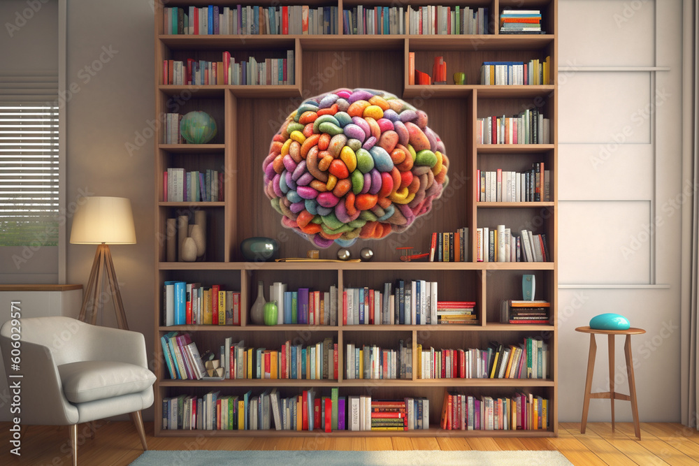 An illustration of a bookshelf with books arranged in the shape of a ...