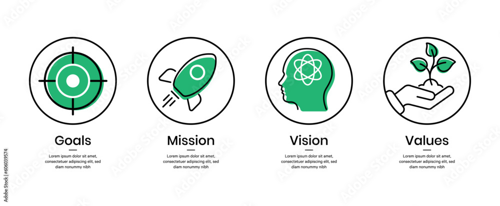 Mission goal vision values Green color icon. Organization mission ...