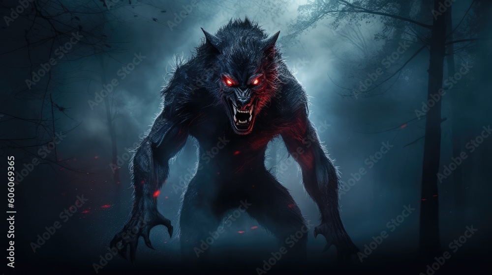 Sinister werewolf with red eyes in gloomy night forest shrouded in mist ...
