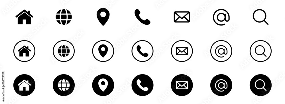 Contact us icon set. Web icons , home, call, location, globe, world ...